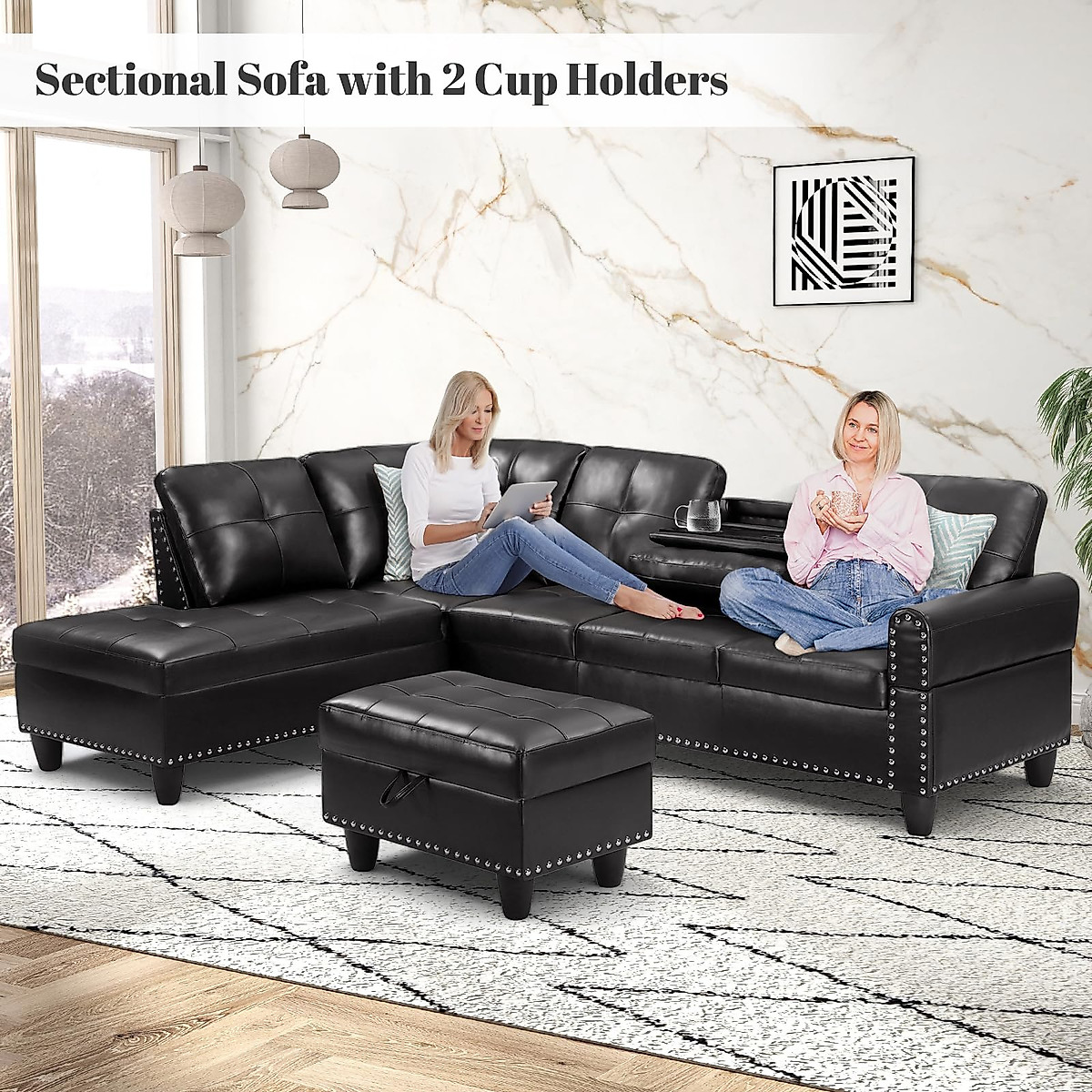 Rovibek Leather L Shaped Sectional Couch with Ottoman and Pillows, 2 Cup Holders Design Living Room Furniture Sets for Apartment, Office