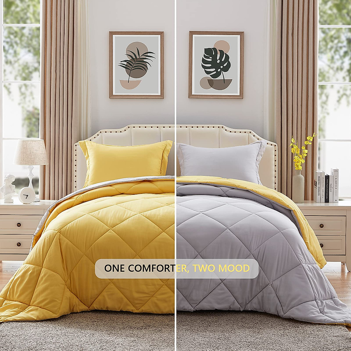 NexHome Lightweight Comforter Set King Size, Down Alternative Solid Comforter Set Thin Microfiber Reversible Summer Bedding Comforter with 2 Pillow Sham (King, Yellow/Light Grey)