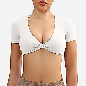 YEOREO Kyla Workout Crop Tops for Women Short Sleeve Twist Front Crop Tank Top Padded Sports Bra Casual Shirts Milk White M