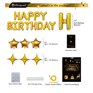 iPartycool 24pcs Birthday Balloons Banner, 3D Gold Premium Mylar Foil Ecofriendly Letter Happy Birthday Banner with 6pcs Star Balloons Kits for Kids Boys Men Adults Birthday Party Decorations HB0G…