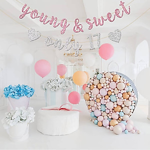 INNORU Young & Sweet Only 17 Banner - Happy 17th Birthday Party Decor for Girls - Cheers to 17 Years Party Decorations Supplies, Pink & Silver Glitter