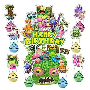 25pcs Singing Monsters Cake Decorations with 24pcs Cupcake Toppers, 1pcs Cake Topper for Singing Monsters Birthday Party Supplies