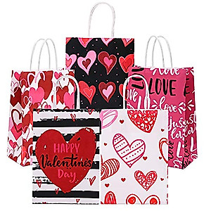 Cooraby 20 Pieces Valentines Day Paper Bags Valentine's Day Party Kraft Bags Paper Red and Pink Color Hearts Bags with Handle for Party Favors