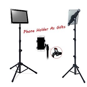 T-SIGN IPad Tripod Stand, Reinforced Foldable Floor Tablet Stand, Height Adjustable 360° Rotating Mount for All 7 to 12 Inches Tablets, Carrying Case, Phone Holder, Bluetooth Remote Control