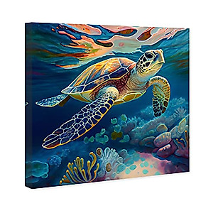 Wynwood Studio Animals Contemporary Canvas Wall Art Sea Turtle I Living Room Bedroom and Bathroom Home Decor 30 in x 30 in Blue and Brown