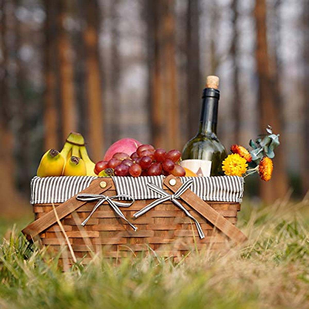 Woodchip Picnic Basket with Double Folding Handles, Natural Hand Woven Basket, Eggs Candy Basket for Easter, Kids Toy Storage Basket, Wedding Flower Girl Baskets for Valentine Day, Birthday, Grey