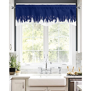 YOKOU Kitchen Valances for Windows Abstract Oil Painting Smear Navy Blue White Light Filtering Short Curtains for Windows Bedroom Privacy Added Rod Pocket Design 60x18inch,2pcs