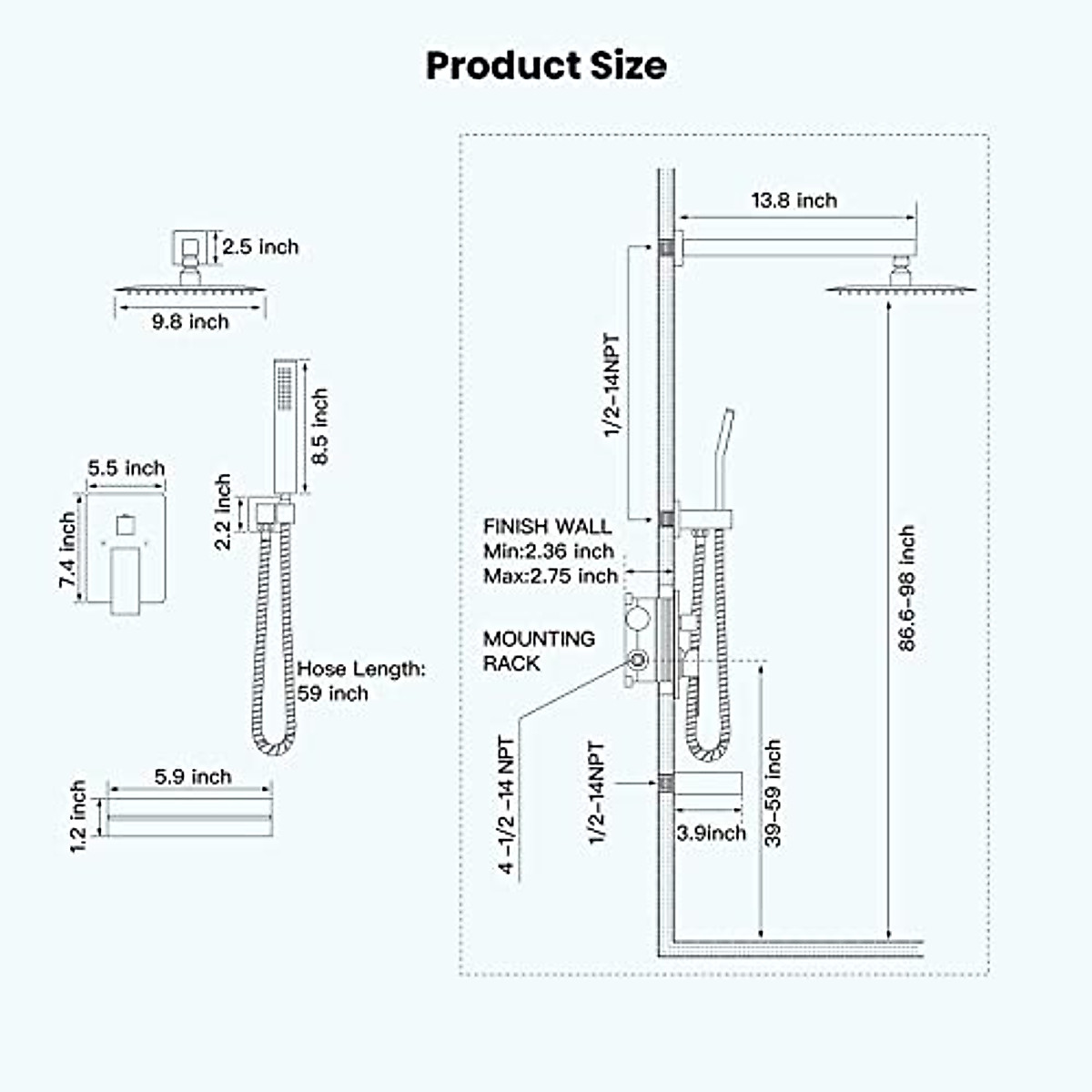 gotonovo Polish Chrome Rain Mixer Shower Faucet Set with Waterfall Tub Spout 10 inch Square Rainfall Shower Head with Handheld Spray Wall Mounted Rough-in Valve and Trim Included