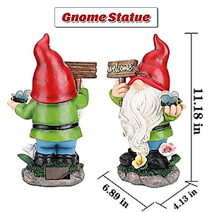 Ovewios Garden Gnomes Statue with Solar Lights, Large Garden Gnome Outdoor Funny Figurines Holding Welcome Sign and Bee Garden Decor for Outside Patio Yard Lawn Sculpture Ornament Gifts