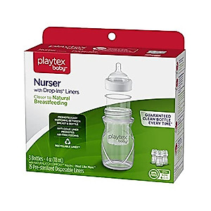Playtex Baby Nurser Bottle with Pre-Sterilized Disposable Drop-Ins Liners, Closer to Breastfeeding, 4 Ounce Bottles, 3 Count