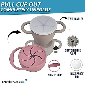 BraveJusticeKidsCo. | Snack Attack I&II Baby Snack Cup | 2 pack | Silicone Collapsible Toddler Snack Cup (Dusty Rose and Fog)
