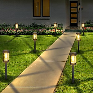 Solar Pathway Lights - 8 Pack, Glass & Metal Solar Powered Outdoor Lights, 10 Hours of Lighting for Garden, Yard, Driveway, Path, Landscape Decor (Black)