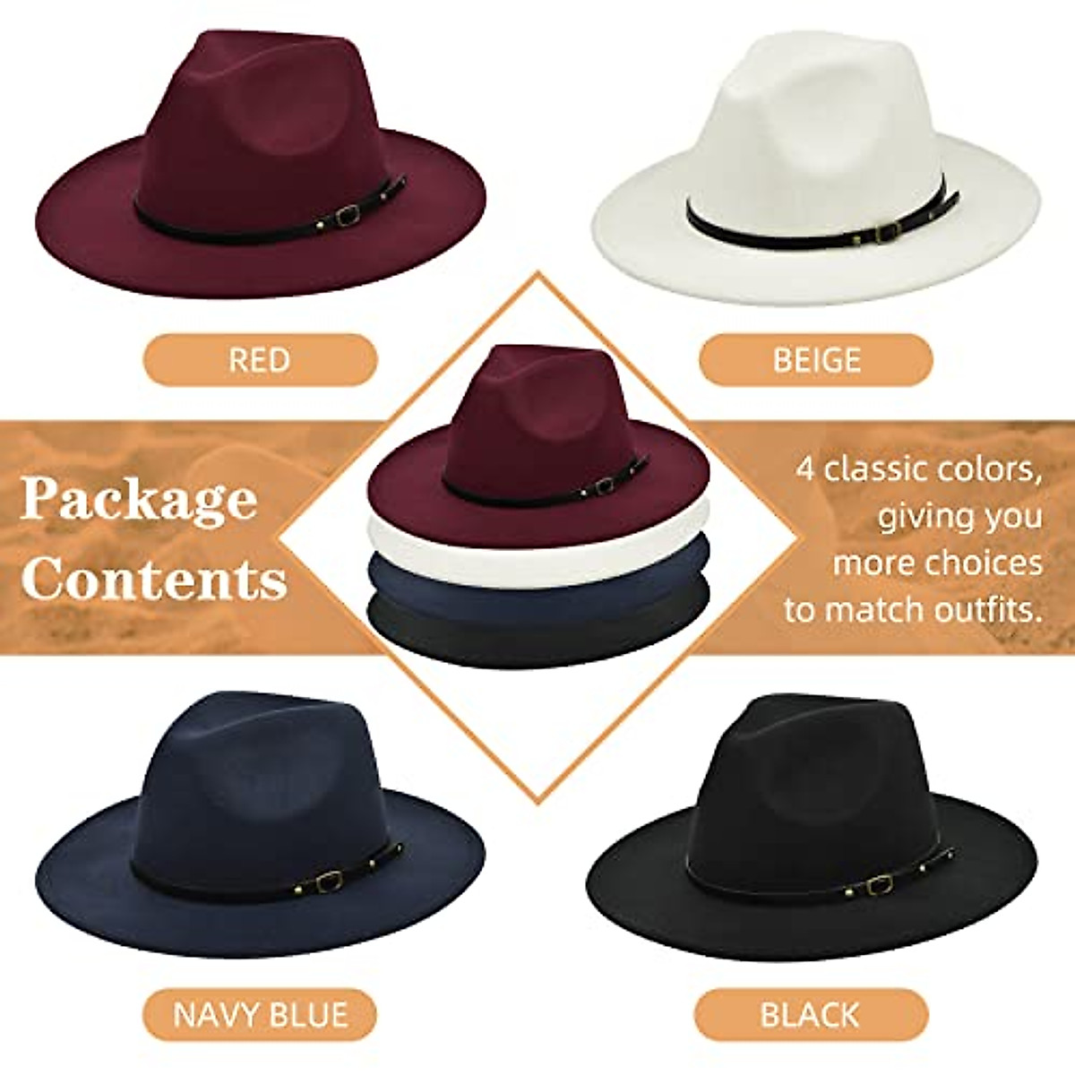 Women Classic Wide Brim Fedora Hat, 4 Pack Retro Panama Hat Wool Fedora Hat with Belt Buckle (Black+Wine Red+Navy Blue+Beige)