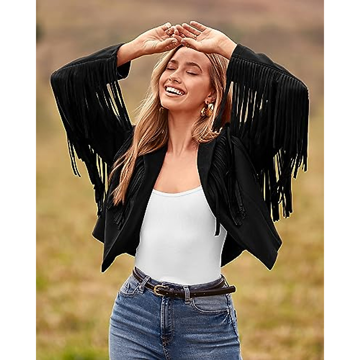 BTFBM Women Fashion Cropped Tassel Fringe Faux Suede Leather Jacket Fall Winter Long Sleeve Lapel Neck Moto Coat Outwear(Solid Black, XX-Large)