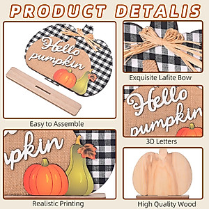 IDATOO Fall Decoration Signs, Hello Pumpkin Fall Décor for Fireplace and Tabletop Centerpiece - Cozy Wooden Rustic Buffalo Plaid Design for Halloween, Thanksgiving, and Autumn Holiday Indoor