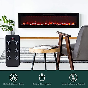 EDYO LIVING 60 inches Electric Fireplace Recessed and Wall Mounted Electric Fireplace Heater and Linear with Timer, Remote Control, Adjustable Flame Color