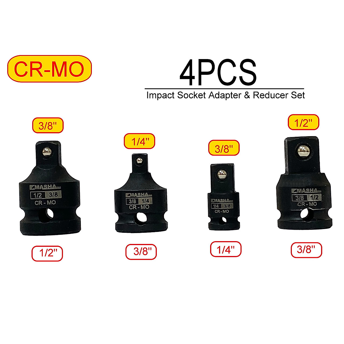 Masha Tools-Impact Socket Adapter and Reducer Set / 4 Piece Set / 1/4” – 3/8” – 1/2” Impact Driver Conversions/Chrome Molybdenum Steel (CF-AD1238)