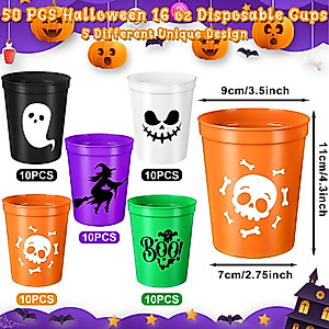Erweicet 50 PCS Halloween Plastic Party Cups 16 oz Colorful Halloween Disposable Cups Ghost Witch 5 Colors Design Halloween Cups for Coffee Juice Wine Liquor Halloween Party Supplies