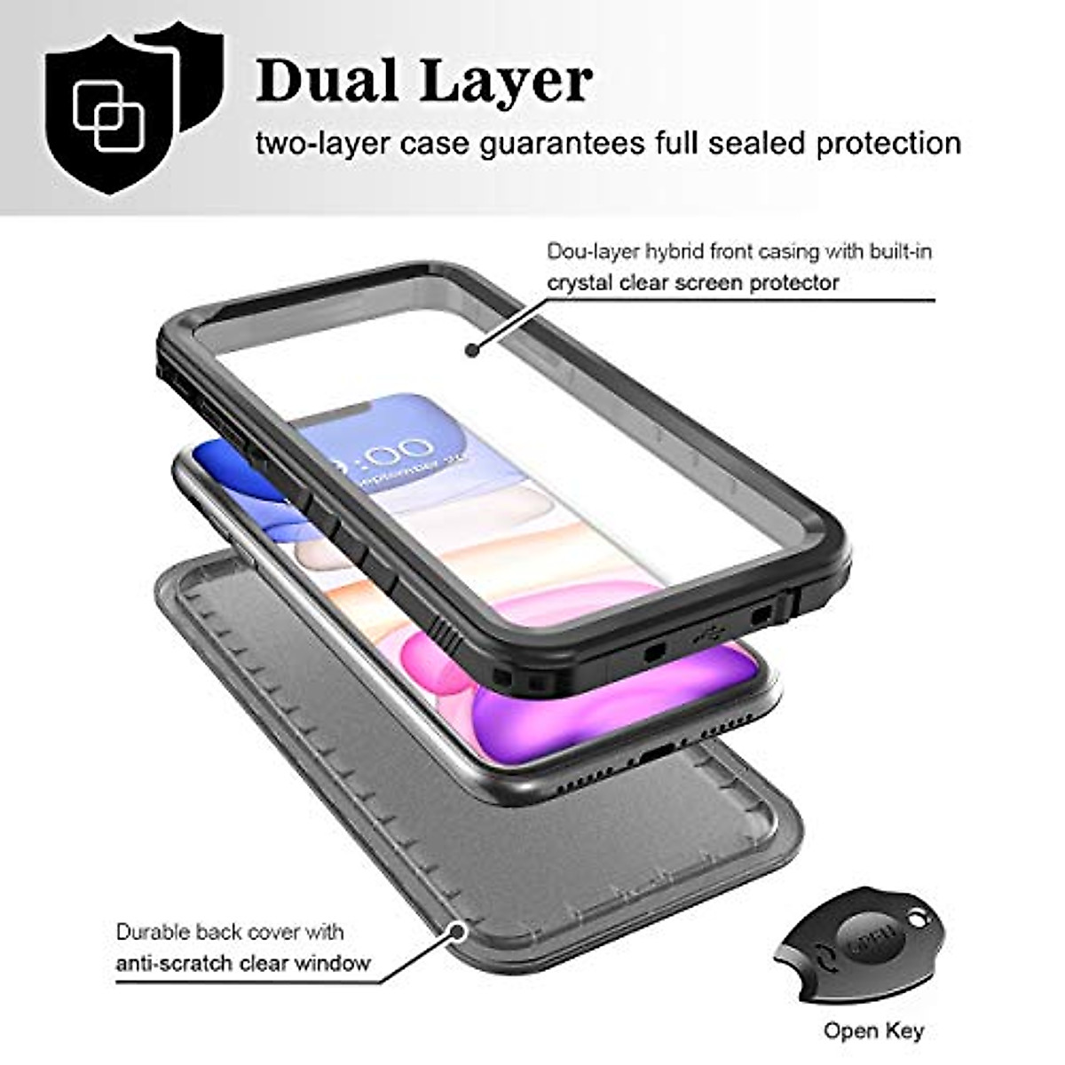 SPORTLINK Waterproof Case for iPhone 11, Full Body Heavy Duty Protection Full Sealed Cover Shockproof Dustproof Built-in Clear Screen Protector Rugged Case for iPhone 11 6.1 Inch