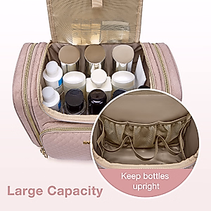 BAGSMART Travel Toiletry Bag for Women, Hanging Toiletry Bag Large Capacity Cosmetic Makeup Bag, Essentials Travel Organizer for Full Sized Toiletries and Cosmetics, Pink