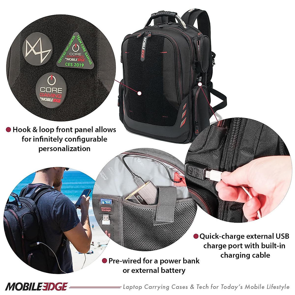Core Gaming Laptop Backpack From Mobile Edge Core Gaming, 17.3 Inch, External USB 3.0 Quick-Charge Port w/Built-in Charging Cable, Patch Panel - Black w/Red Trim - MECGBPV1