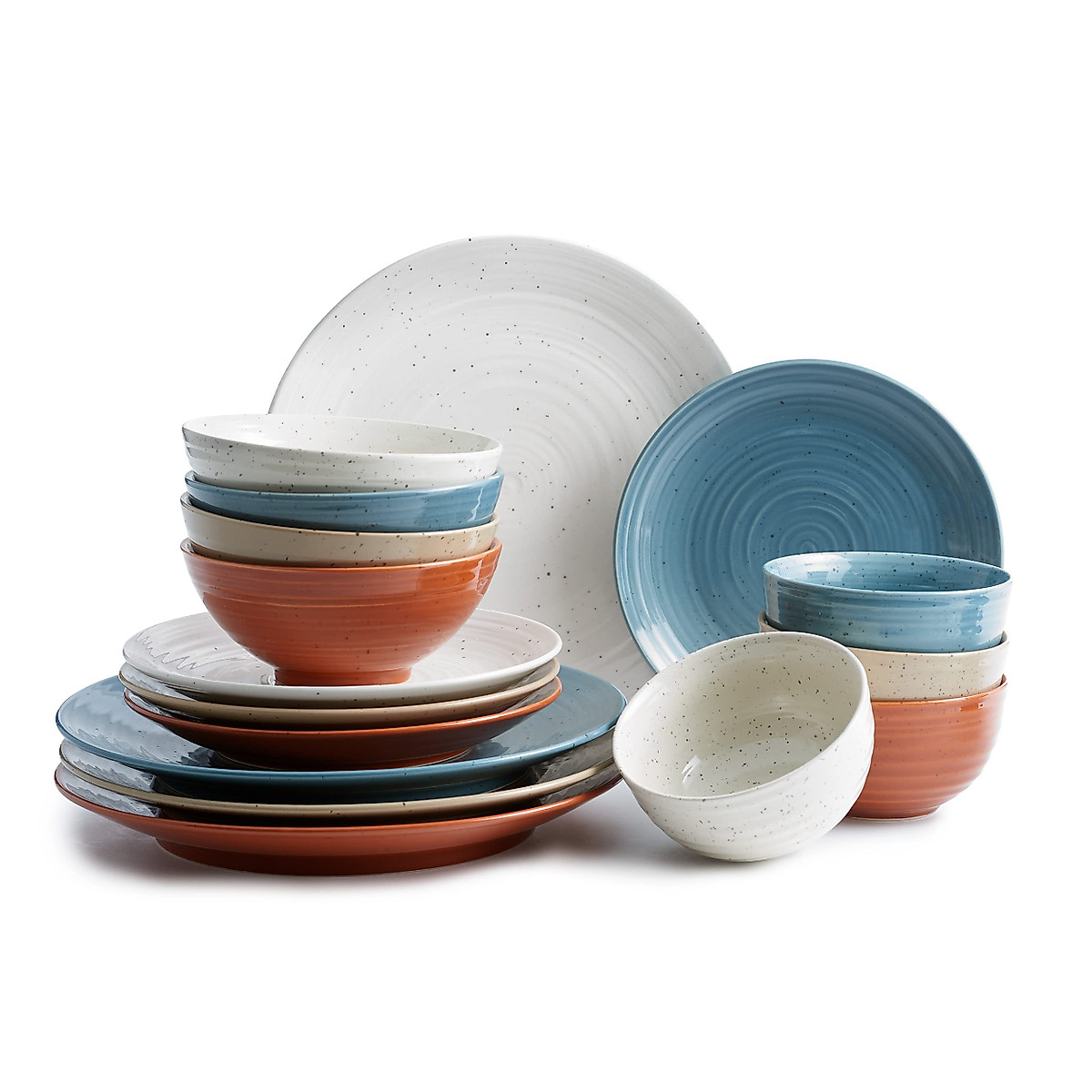 Sango Siterra Painter's Palette 16-Piece Stoneware Dinnerware Set with Round Plates and Bowls, Multicolor