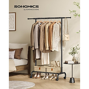 SONGMICS Clothes Rack, Clothing Rack for Hanging Clothes with Wheels, Garment Rack with Extendable Hanging Rail, 99 lb Total Max. Load, 15.7” x 32.7”-47.2” x 61.4”, Ink Black UHSR134B01