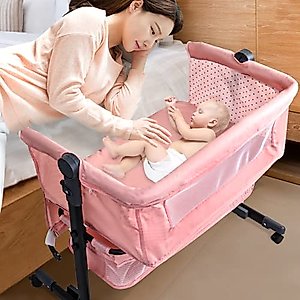 3 in 1 Baby Bassinets, Bedside Sleeper & Bedside Crib with Storage Basket, Easy to Assemble Baby Cradle, with Wheels, Adjustable Height, Mattress, Mosquito Nets