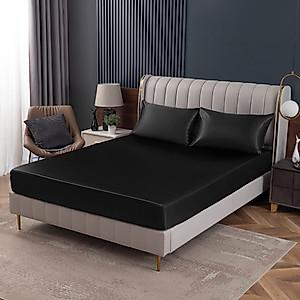 Homiest Black Satin Fitted Sheet Full Size Fitted Bed Sheet, Deep Pocket Fitted Sheet Only, Luxury & Ultra Soft Bedding Fitted Sheet Single Bottom Bed Sheets Sold Separately