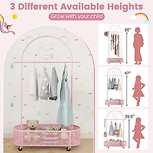 Costzon Kids Clothing Rack, Height Adjustable Kids Dress Up Storage for Hanging Clothes, Metal Garment Rack with Storage Basket, Wheels, Clothes Rack for Kids Room, Playroom, Bedroom (Pink)