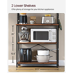 VASAGLE Baker's Rack, Microwave Oven Stand, Kitchen Tall Utility Storage Shelf, 6 Hooks and Metal Frame, Industrial, 15.7 x 31.5 x 65.7 Inches, Rustic Brown and Black UKKS019B01