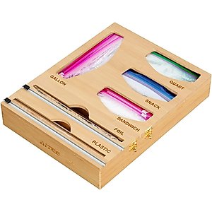 ZZ LIFE 6-in-1 Kitchen Drawer Organizer - Foil and Plastic Wrap Dispenser with Cutter, Ziplock Bag Storage for Gallon, Quart, Sandwich, and Snack Sizes - Organized Bamboo Storage For Home and Kitchen