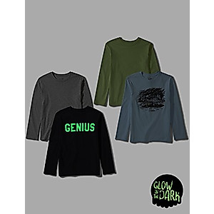 Amazon Essentials Boys' Long-Sleeve T-Shirts - Discontinued Colors, Pack of 4, Aliens Print/Genius/Green/Grey, Small