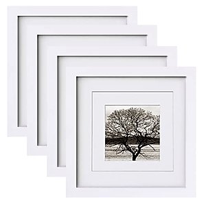 Egofine 8x8 Picture Frames 4 PCS - Made of Solid Wood Covered by Plexiglass for Table Top Display and Wall Mounting Photo Frame for Pictures 4x4/6x6 with Mat White