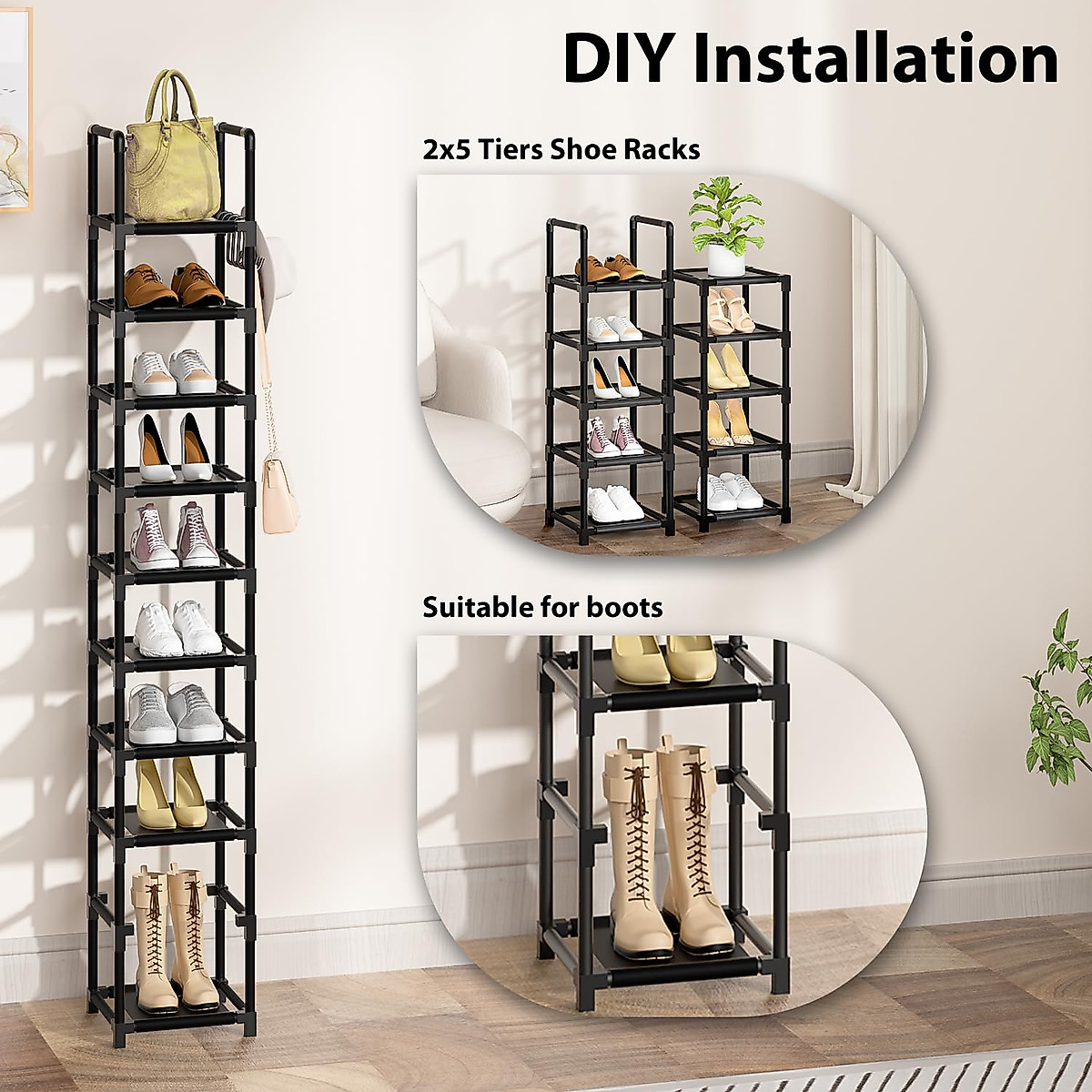 LUKYTOWER Tall Shoe Rack Narrow 10Tier Shoe Racks Organizer for Closet 10-15Pairs, Storage Rack for Shoes with 5Hooks, Sturdy Metal Shoe Shelf, Vertical Skinny Shoe Stand for Small Space