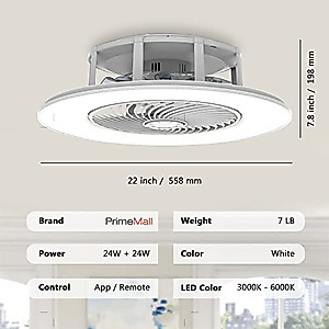 PrimeMall Bladeless Ceiling Fan with Light and Remote Control Low Profile Ceiling Fan 22" Modern Enclosed Multi-Speed Indoor Ceiling Fan 3 Color Temperatures Smart LED Dimmable Lighting Flush Mount