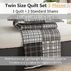 Bedspread Set Twin Size Quilt Set Plaid Bed Spread Coverlet Black White Grey Plaid Patchwork Stripe Modern Quilt Bedspread Bedding Soft Lightweight Reversible Home Bedding Mens Quilts for Twin Bed