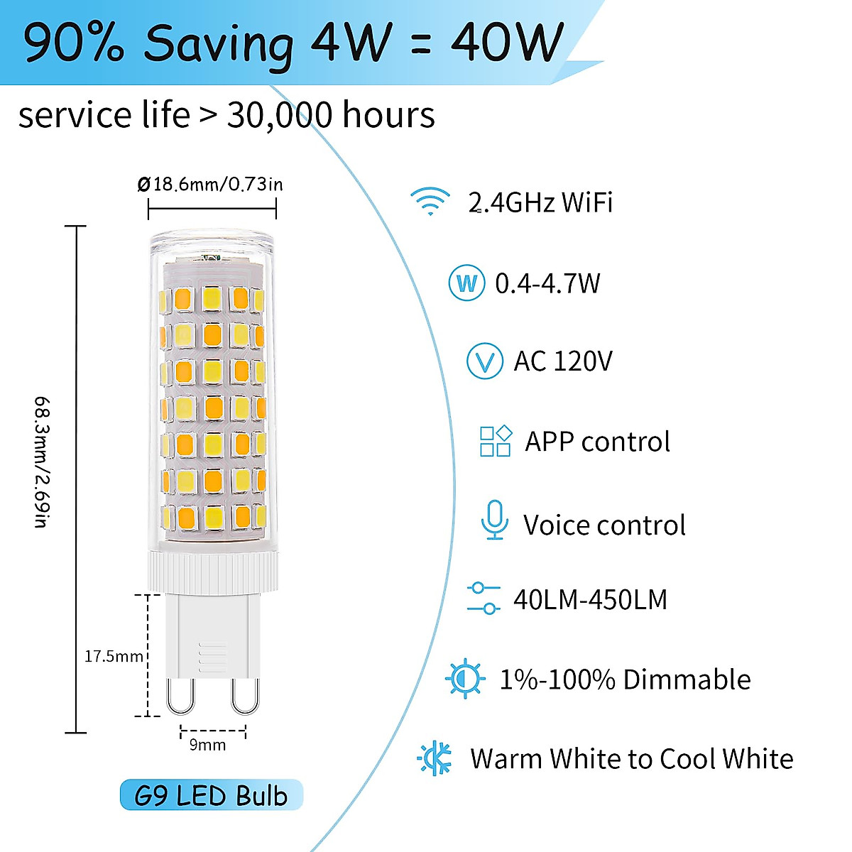 2Pack Dimmable Wi-Fi Smart LED Bulbs with G9 Base,Compatible with Amazon Alexa and Google Assistant-Warm to Cool White(2700K-6000K),Adjustable Brightness From 1%-100% (120V,0.4-4.7W,40LM-450LM）