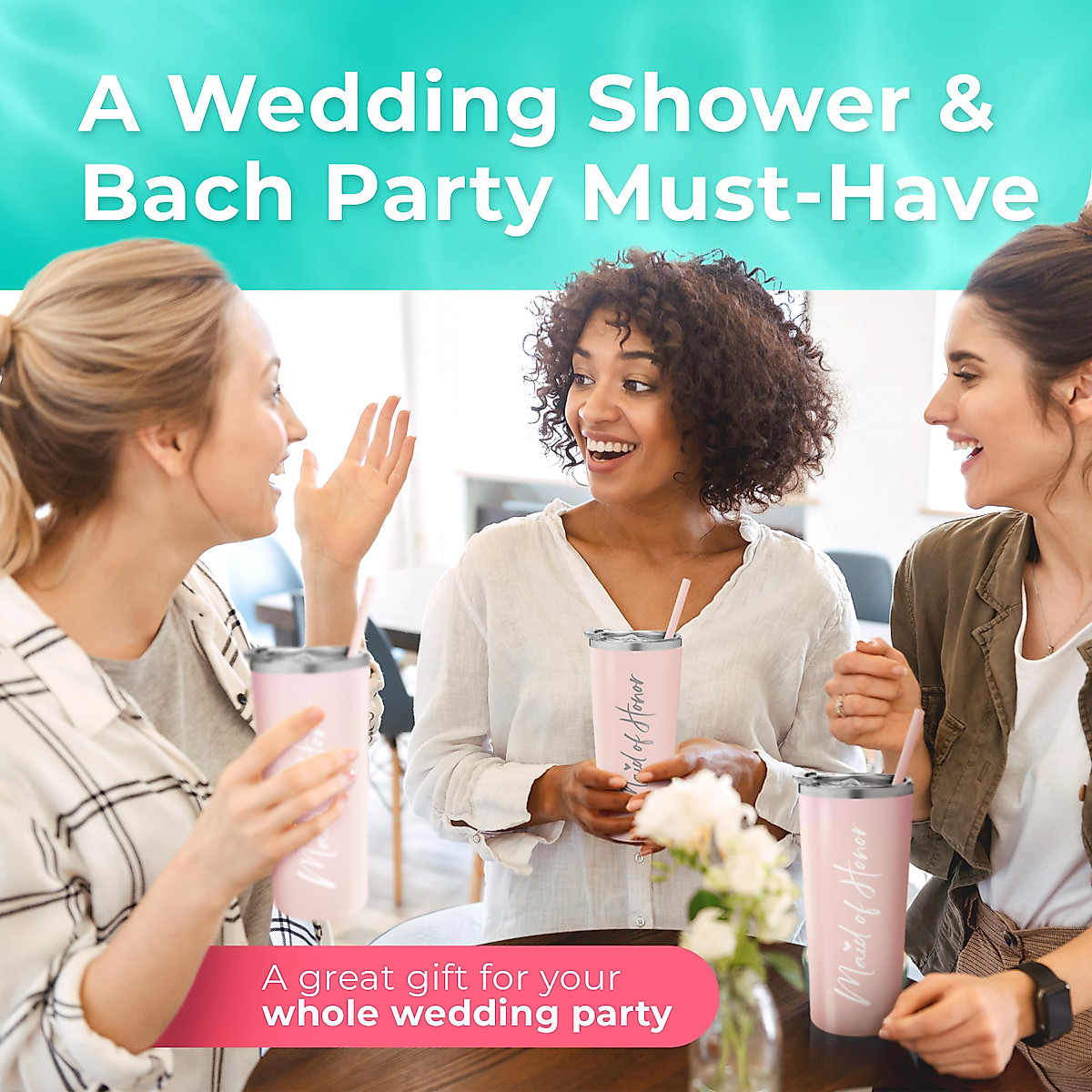 SassyCups Maid of Honor Cup | Engraved Vacuum Insulated Stainless Steel Tumbler with Straw | Will You Be My Maid of Honor Travel Mug | For Maid of Honor Proposal | Bridal Party | MOH (22oz, Blush)