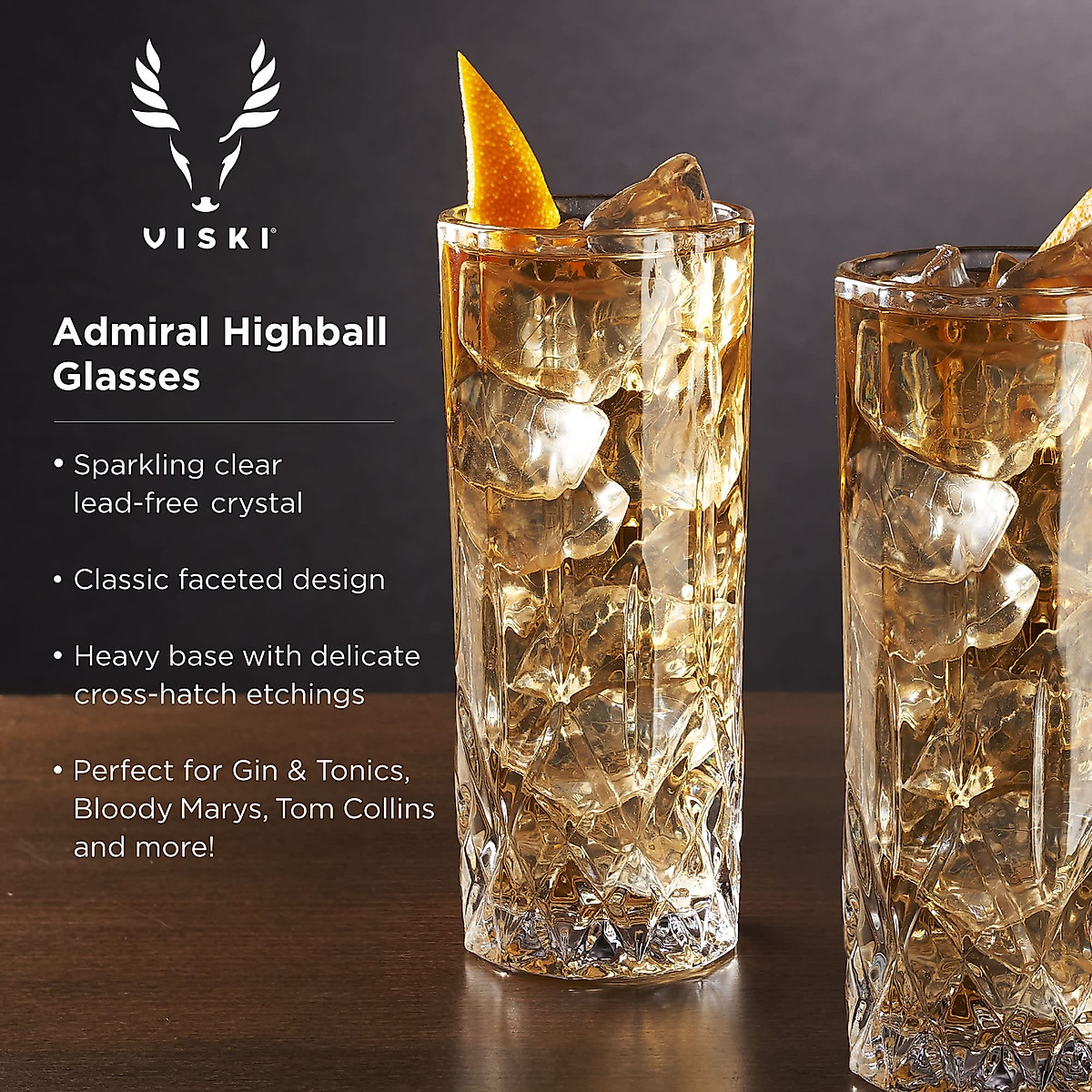 Viski Admiral Highball Glasses - Cut Crystal Drinking Glasses - Tall Cocktail Glasses 9oz Set of 4