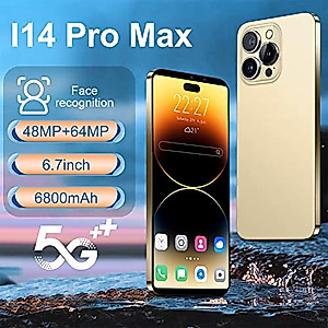 I14 ProMax Cell Phone,6.1in Unlocked Android11 Smartphone,4GB RAM 64GB ROM,16MP Camera,Ten Cores Processor,Face Recognition,WiFi,BT,FM,GPS,7000mAh,Golden
