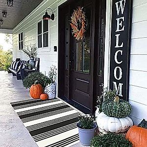 KaHouen Black and White Striped Outdoor Rug 27.5 x 43 Inches, Hand-Woven Reversible Foldable Washable Outdoor Rug Stripe for Layered Door Mats Porch/Front Door