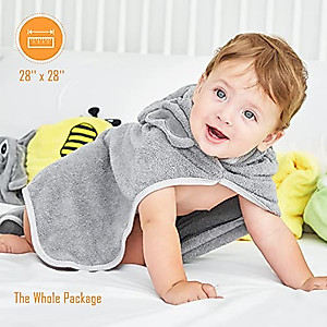 Sunny zzzZZ Baby Hooded Bath Towel and Washcloth Sets, Baby Essentials for Newborn Boy Girl, Baby Shower Towel Gifts for Infant and Toddler - 2 Towel and 8 Washcloths - Yellow Bee and Grey Elephant