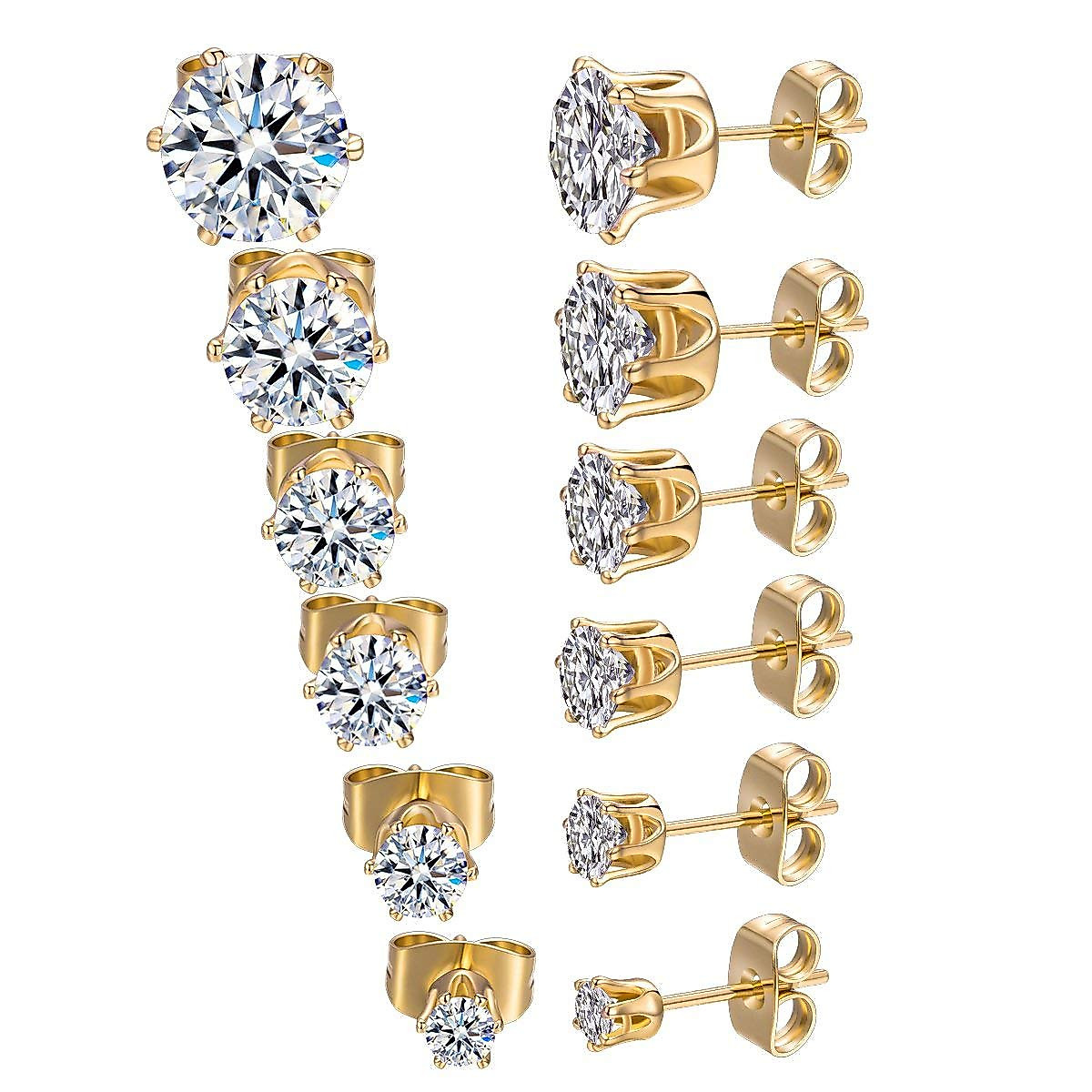 6 Pairs Graduated CZ Stud Earrings,18K Yellow Gold Plated Round Cubic Zirconia Stud Earrings for Women Pack of 6
