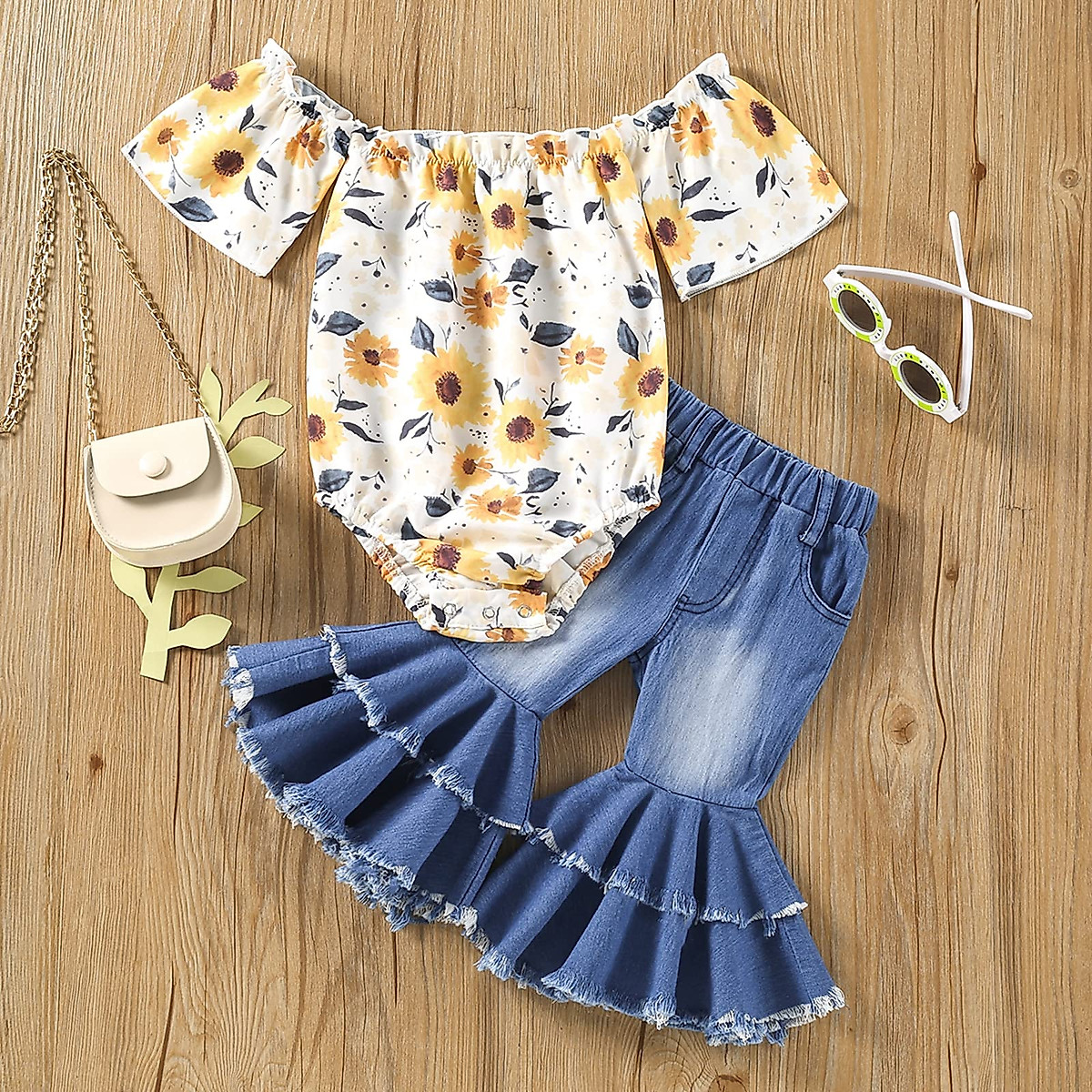 Omkzanbi Toddler Girl Bell Bottoms Outfit Sunflower Off Shoulder Bodysuit Romper Denim Flared Pants Summer Jean Outfit (White Blue, 12-18 Months)