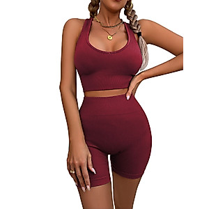 Eanklosco Workout Sets for Women 2 Piece Seamless Ribbed Yoga Outfits V Neck Crop Tank High Waist Shorts Gym Outfits (Wine Red, X-Large)