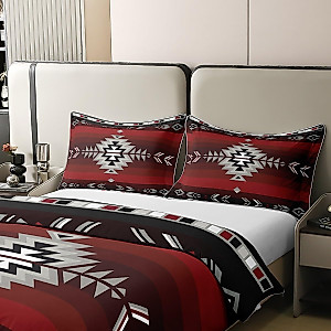 King Size 100% Cotton Southwest Native Design Duvet Cover Southwestern Geometric Bedding Set Ultra Soft Tribal Comforter Cover Set Red Grey Bedspread Cover Room Decor Bedclothes Zipper