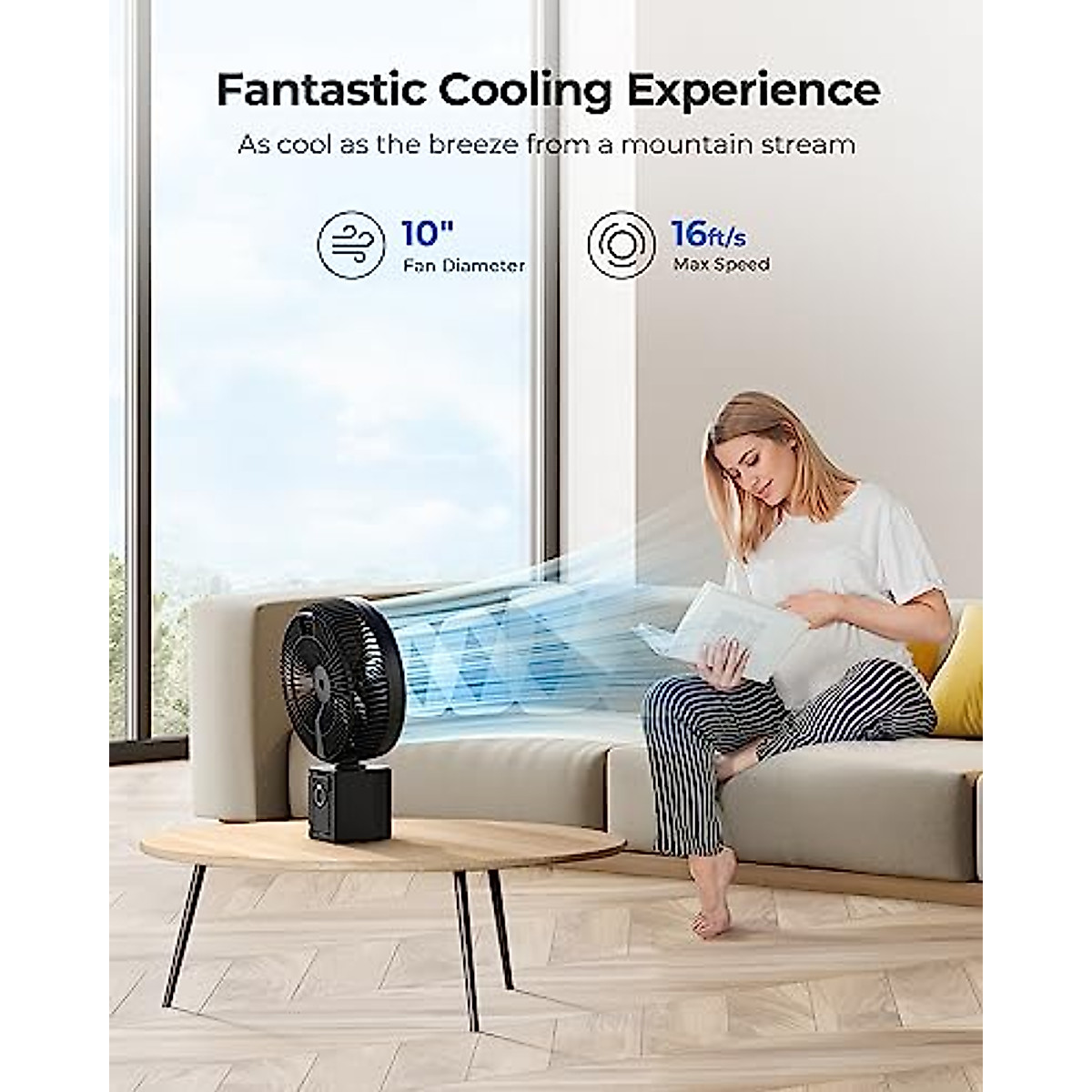 Airbition 10" Portable Pedestal Fan, 10000mAh Rechargeable Table Fan with 7 Speeds, Oscillating Standing Fan with Timer for Bedroom, Office, Camping