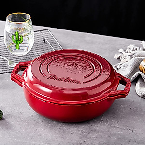 Bruntmor 2-in-1 Pre-Seasoned Cast Iron Pan |Cocotte Double Braiser Pan with Grill Lid 3.3 Quarts - Barbecue Grill Non Stick Frying Pan - Nonstick Cookware Set with Wide Handle (Red)