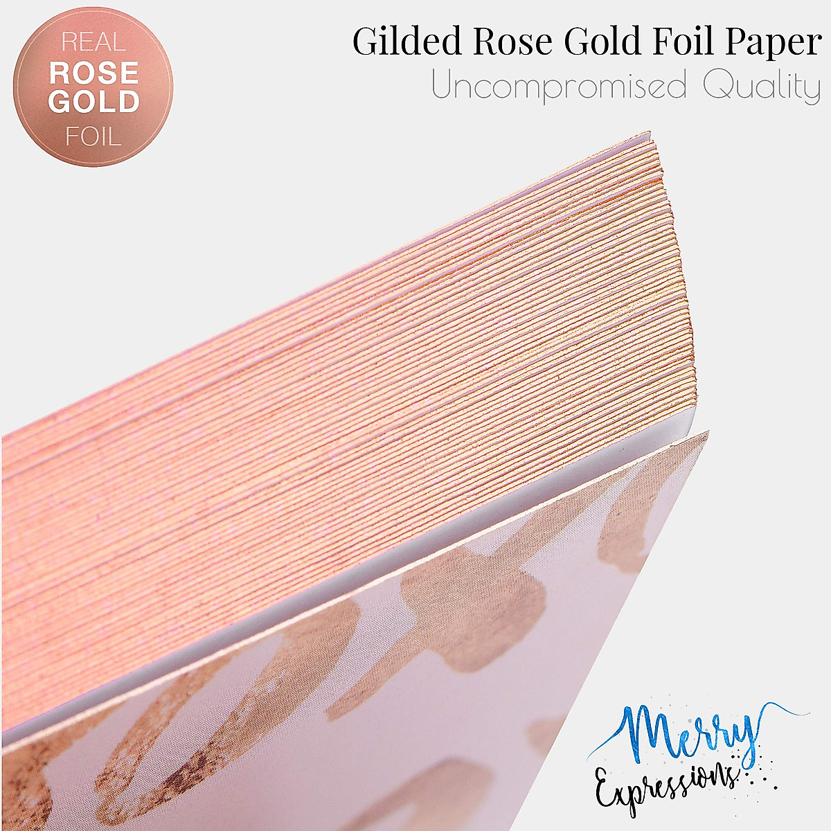 Merry Expressions Rose Gold Guest Book Wedding Reception with Pen & Sign - Polaroid Guest Book for Bridal or Baby Shower & Birthday Parties - Pink Foil Texture Guestbook, Gilded Pages 7"x9" inches